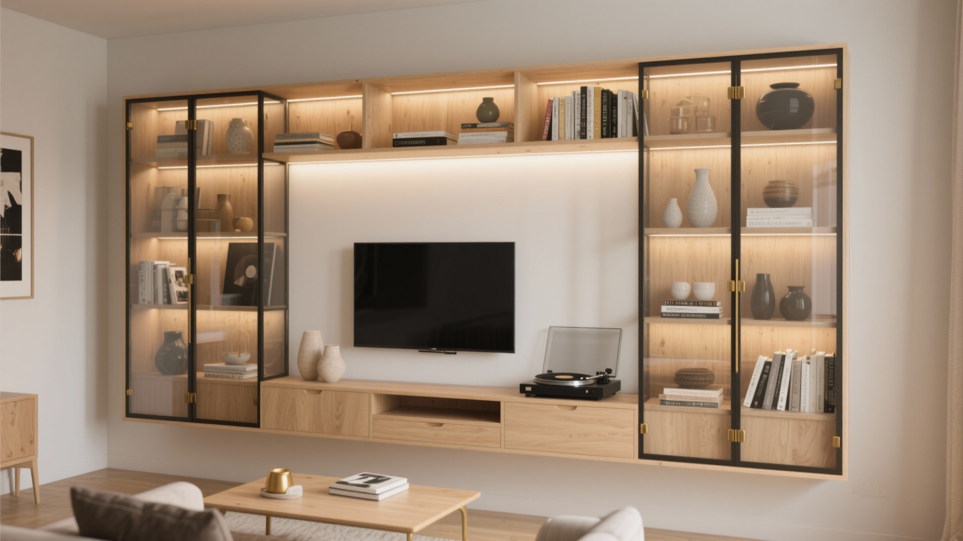 5 Wall Showcase Designs for Living Room with Glass