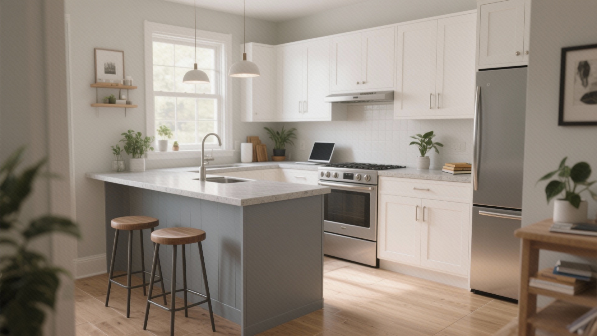 Small Kitchen Feels Cramped? Gray Island With White Cabinets