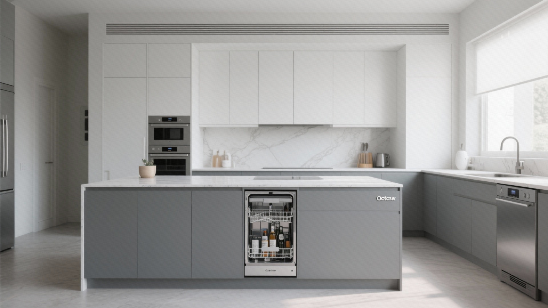 Small Kitchen Feels Cramped? Gray Island With White Cabinets