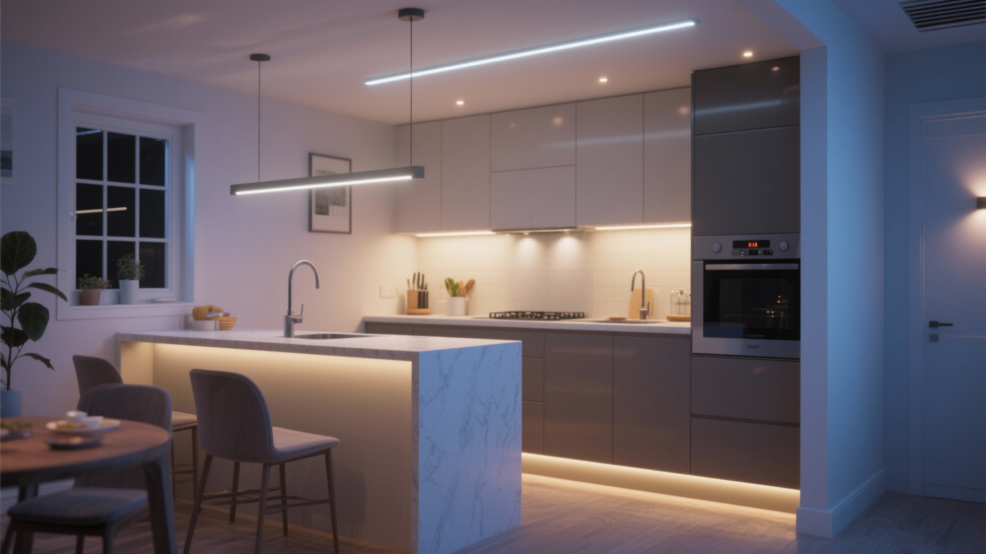 Stylish Modern Kitchen Design – Ambient Lighting & Marble Island Ideas