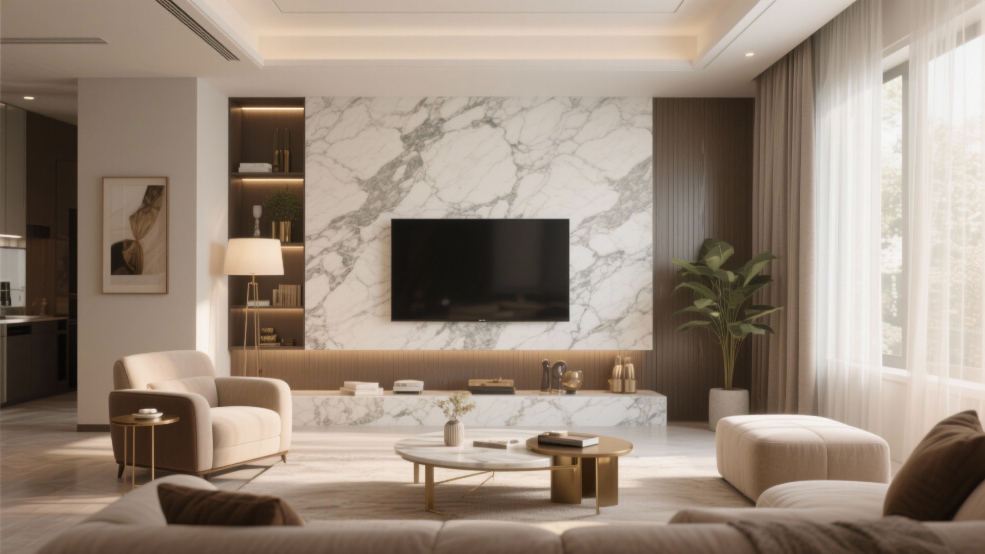 Small Living Room Feels Plain? Luxury Marble TV Wall Ideas