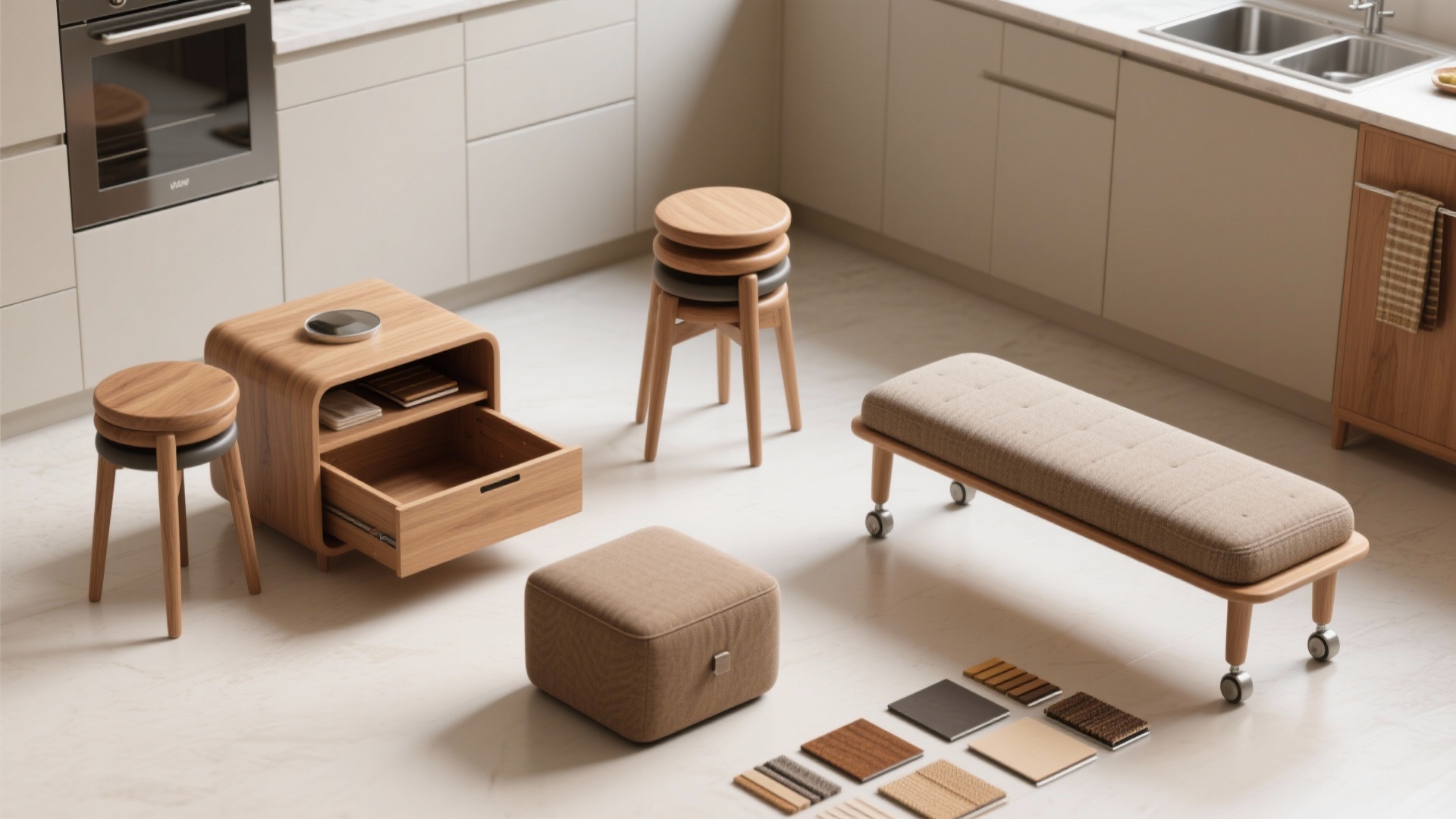 Modern Kitchen Design with Wood & Mobile Storage – Smart Layout Ideas