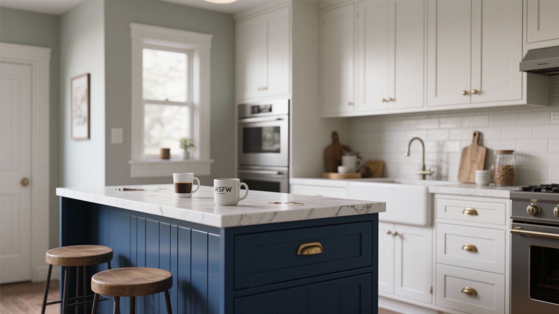 Small Kitchen Feels Plain? Blue Kitchen Island + White Cabinets