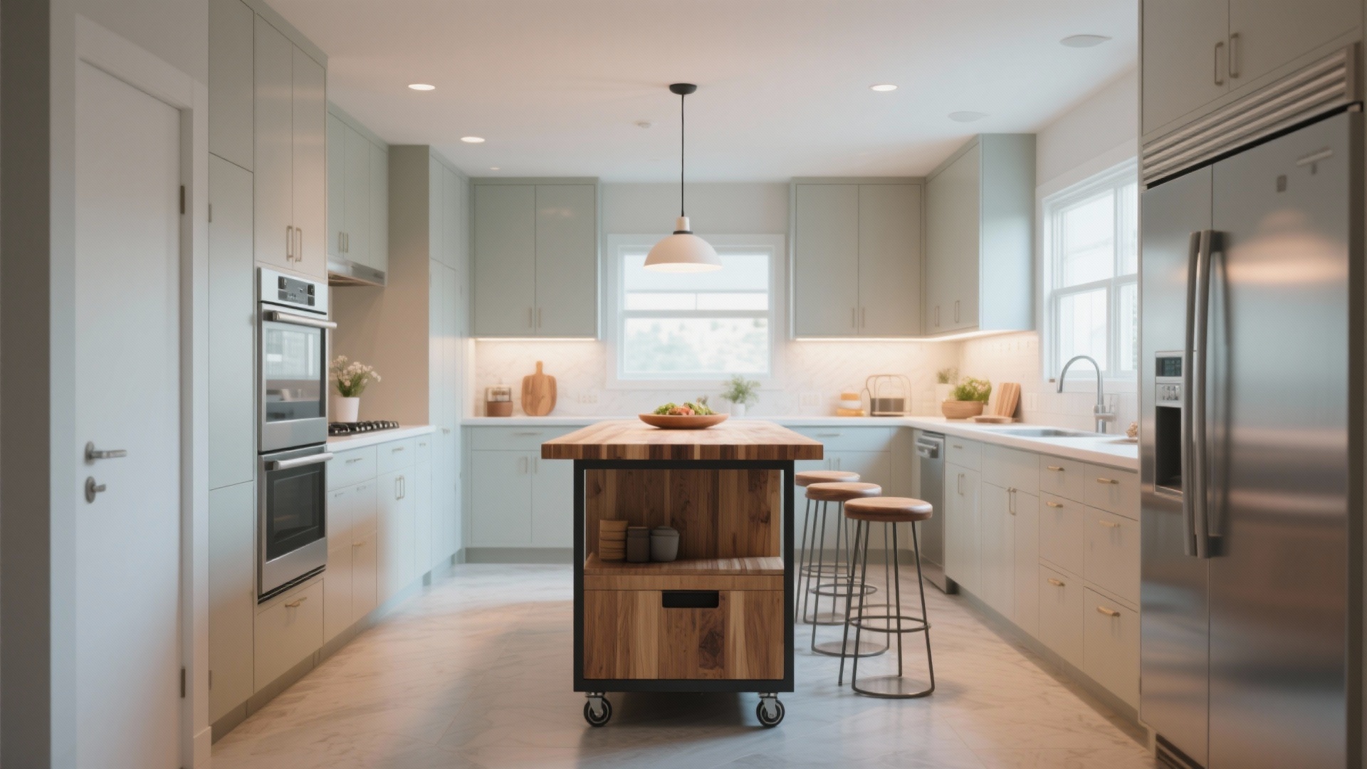 Stylish Modern Kitchen Design – Sage Cabinets & Mobile Wood Island