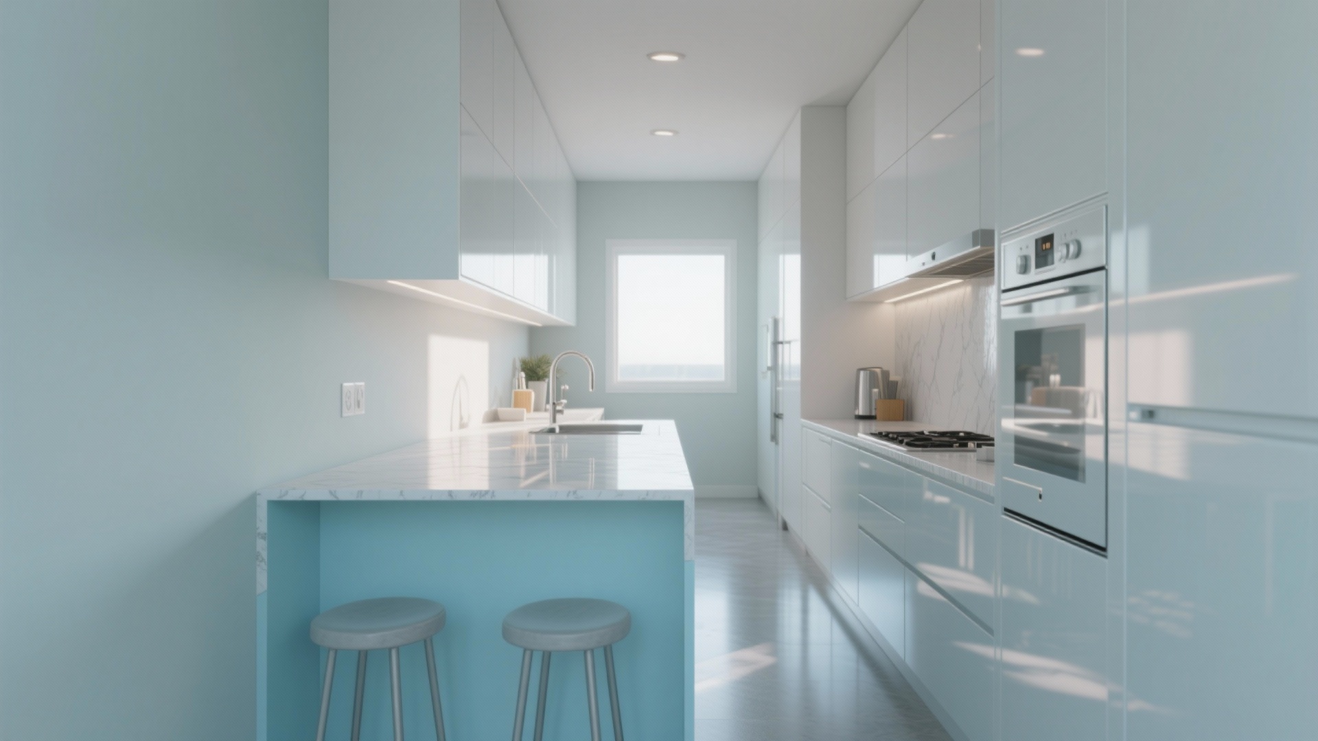 Small Kitchen Feels Plain? Blue Kitchen Island + White Cabinets