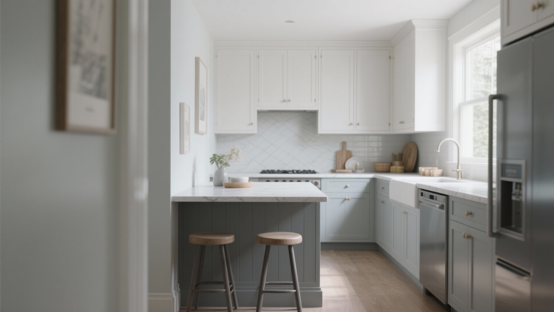 Small Kitchen Feels Cramped? Gray Island With White Cabinets