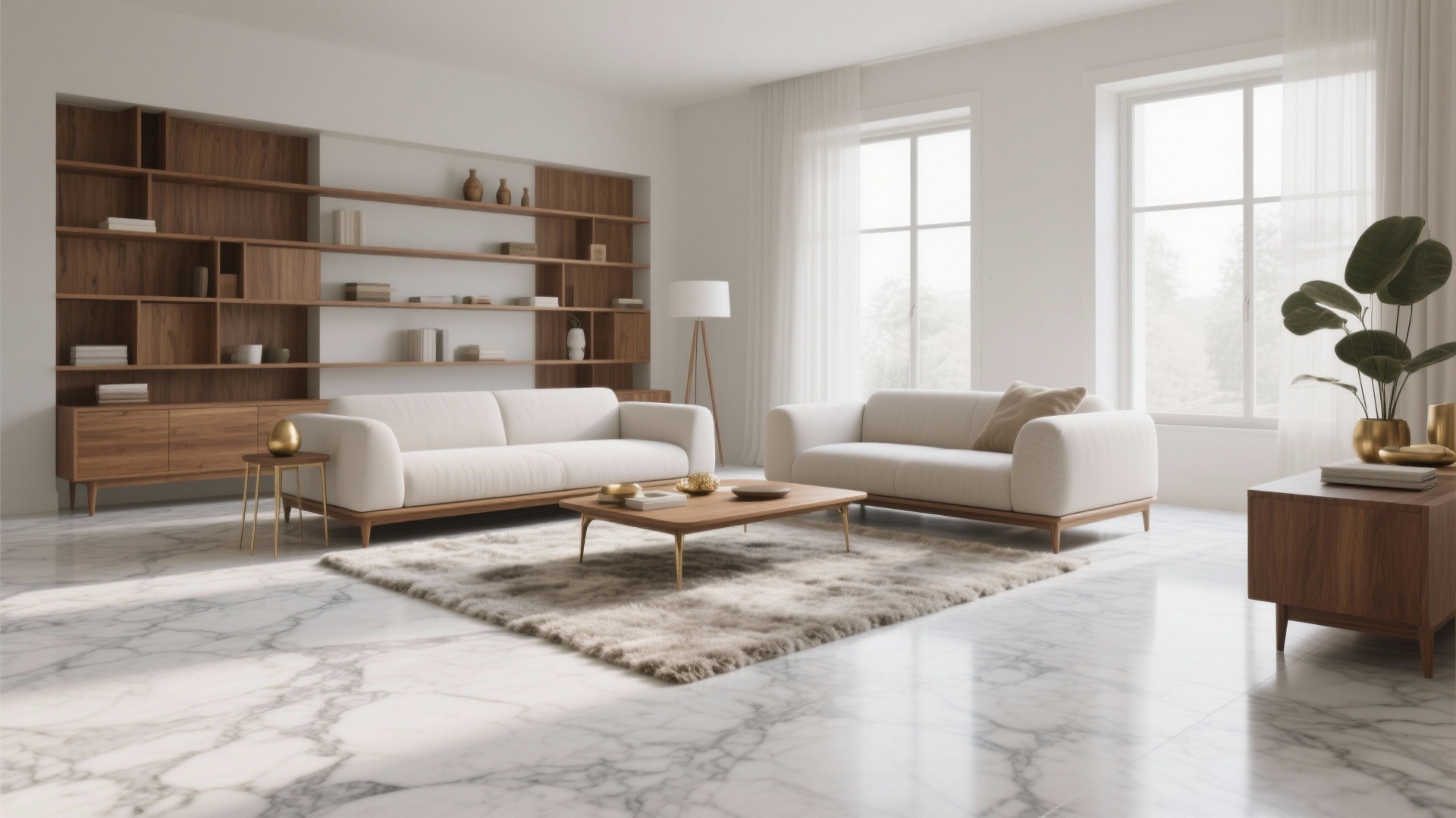 White Marble Flooring in Living Room — 5 Ideas