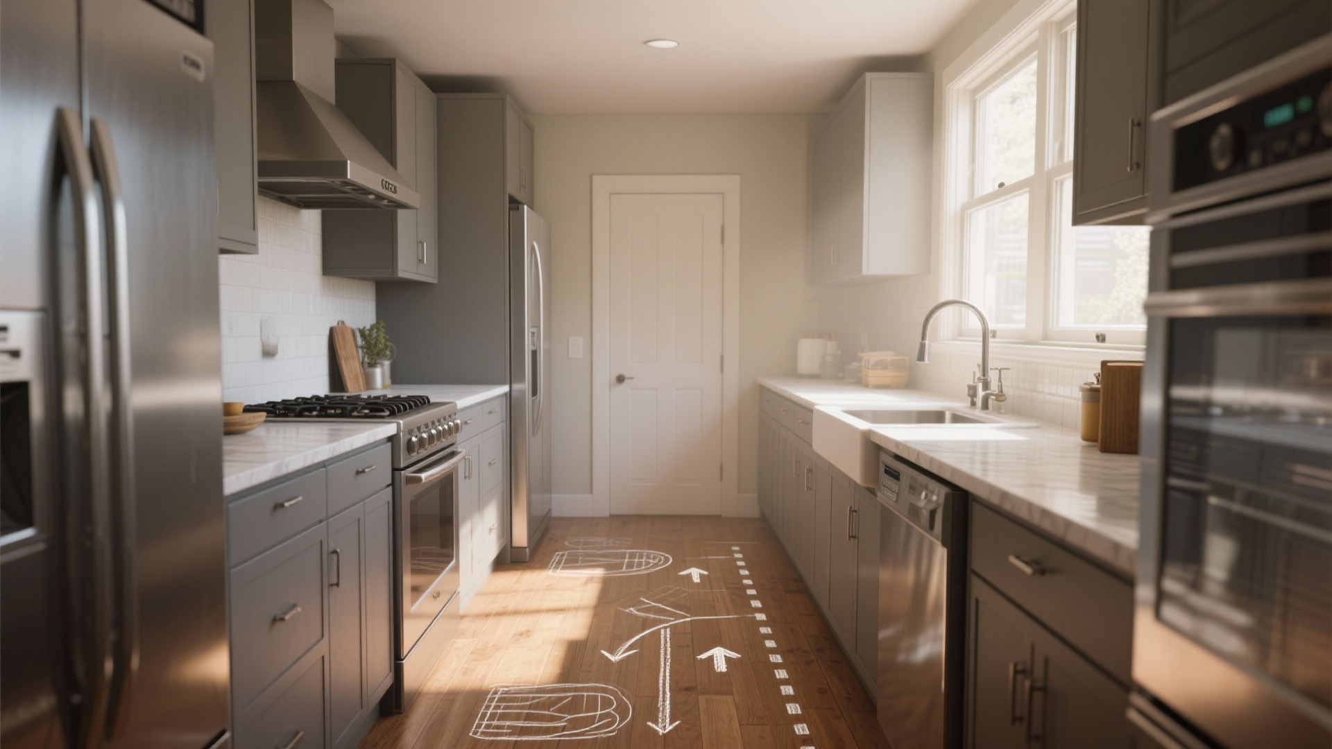 Gray Modern Kitchen Design with Wood Floors & Efficient Workflow