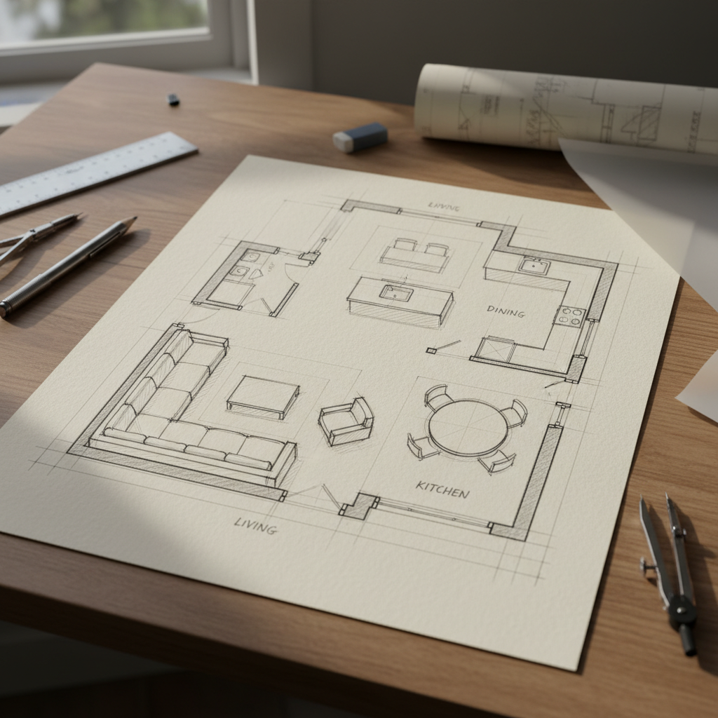 Boceto de una casa por dentro y diseño final