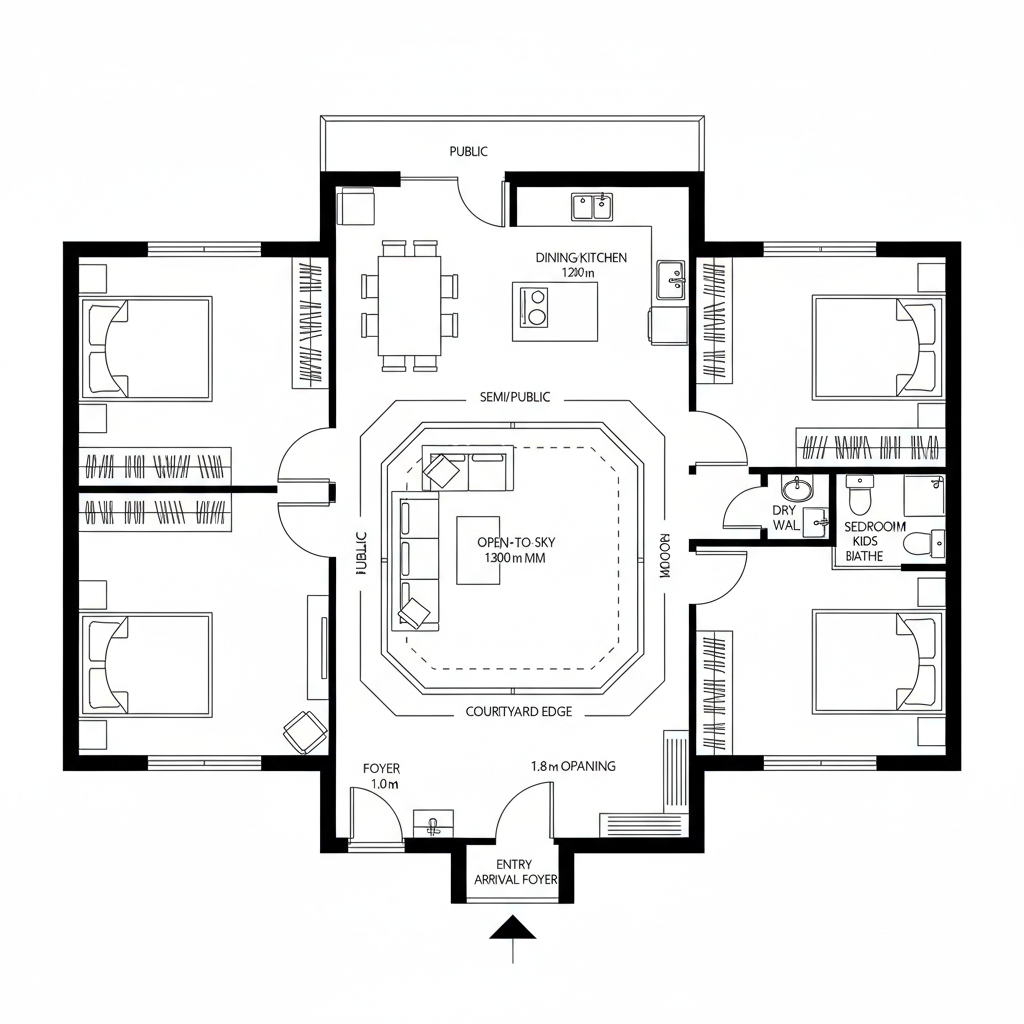 3 Bedroom Single Floor Kerala Plan — Climate UI, Courtyard OS