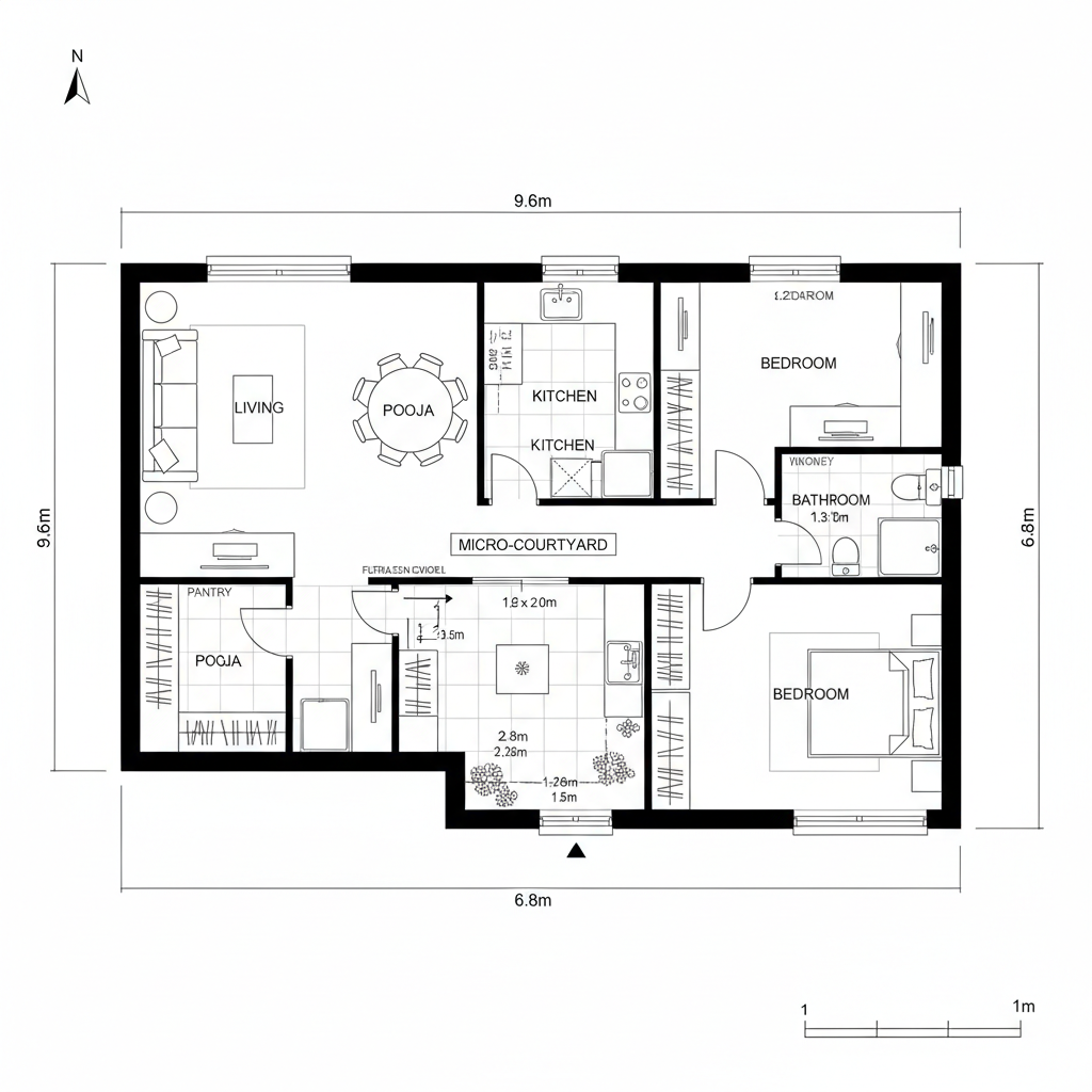 Single-Bedroom House Floor Plans with Pooja Room—Future-Ready Interfaces