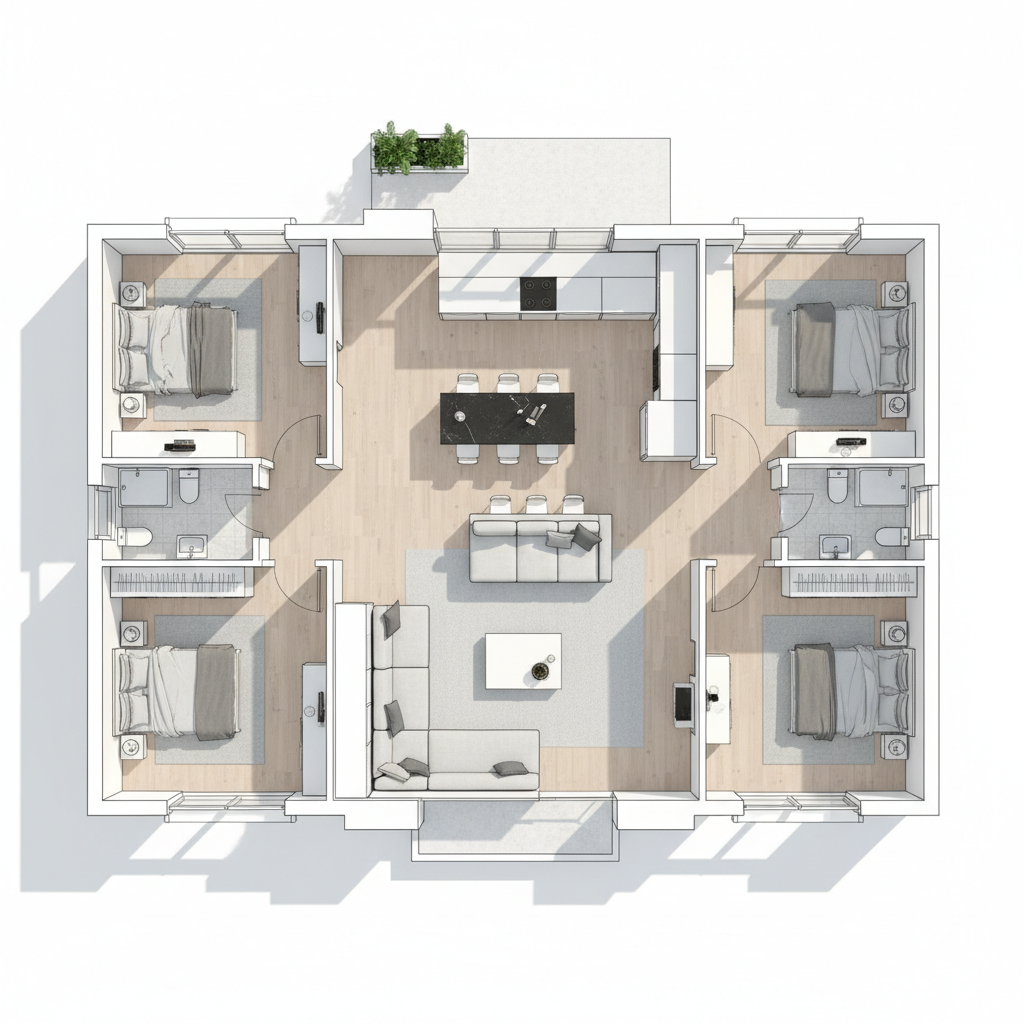 Denah Rumah 4 Kamar Ukuran 8x12 yang Efisien