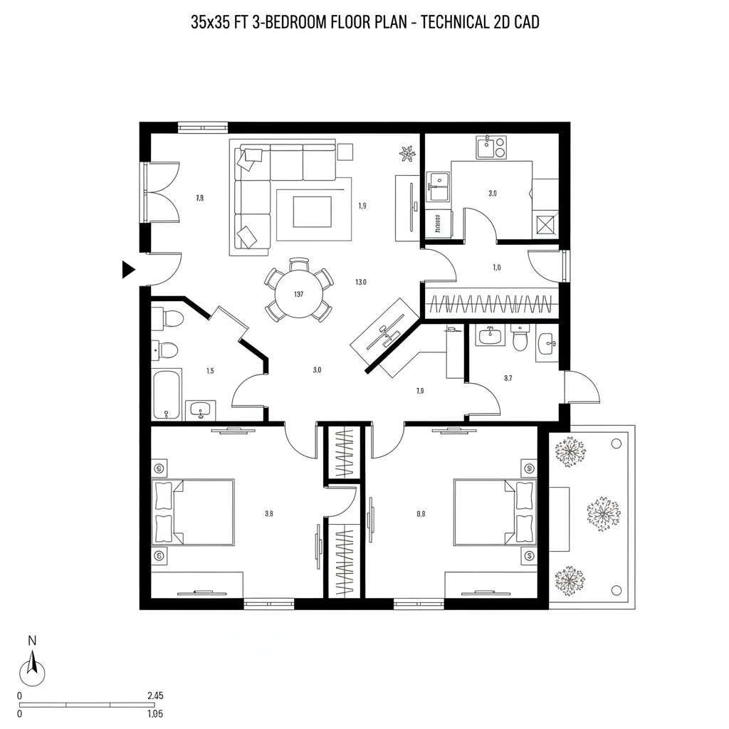 3 BHK Ground Floor Plan in 35×35 Feet – Future-Ready Layouts
