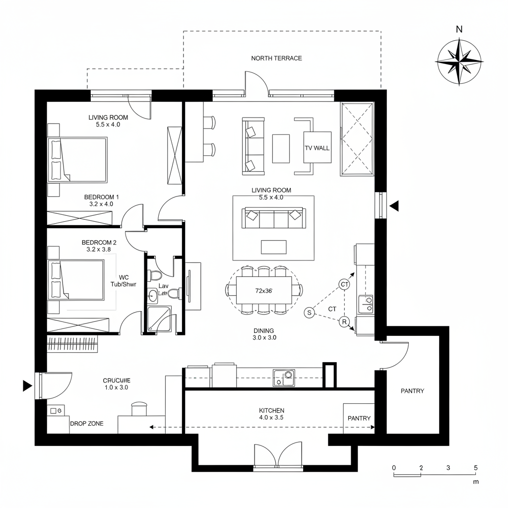 30x50 North-Facing 2-Bedroom Floor Plan—Future Interface Design