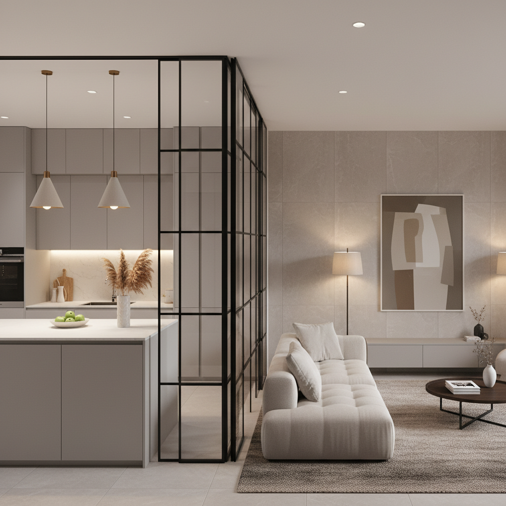 Open Kitchen Smells? Glass Partition Living Room Kitchen