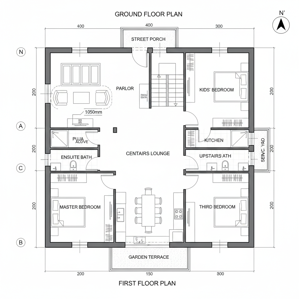 Kerala Vaastu 3-Bedroom Two-Floor Future Plan