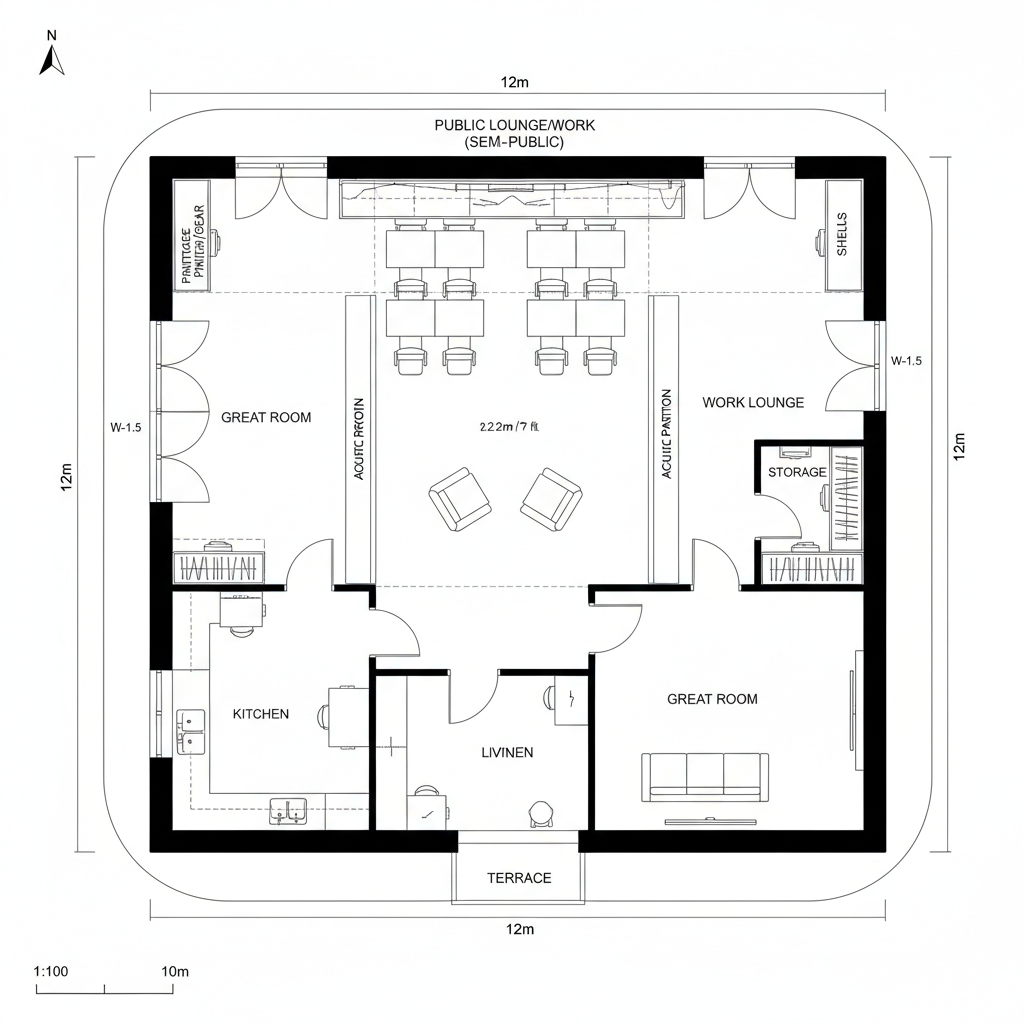Square Bungalow Ground Floor Without Bedrooms: Future Interface Design