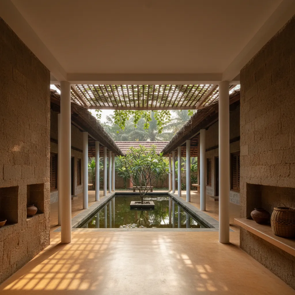 Kerala Single-Floor 3D Plan: Verandah, Courtyard, Breezeways