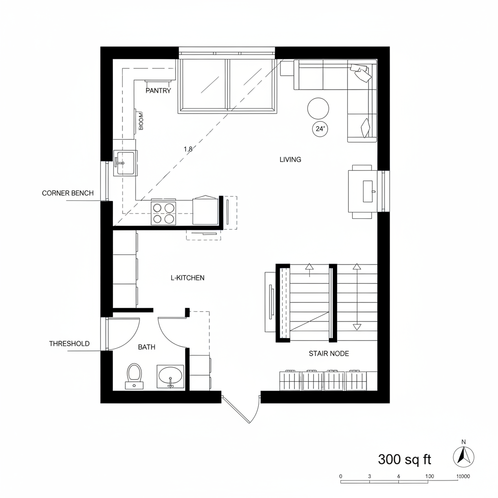 300 sq ft First-Floor House Plan with Stairs | Future Spatial Interface