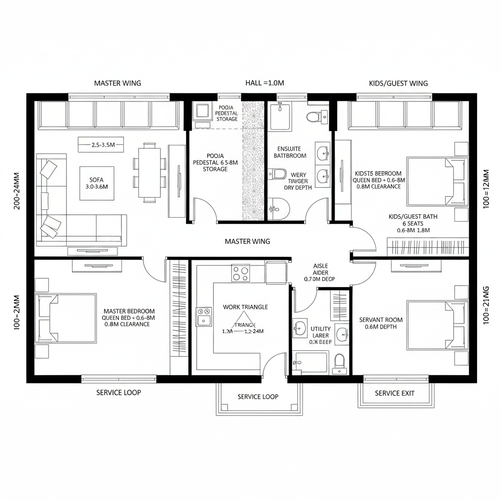 3BHK Floor Plan with Pooja & Servant Room—A Future-Ready Interface