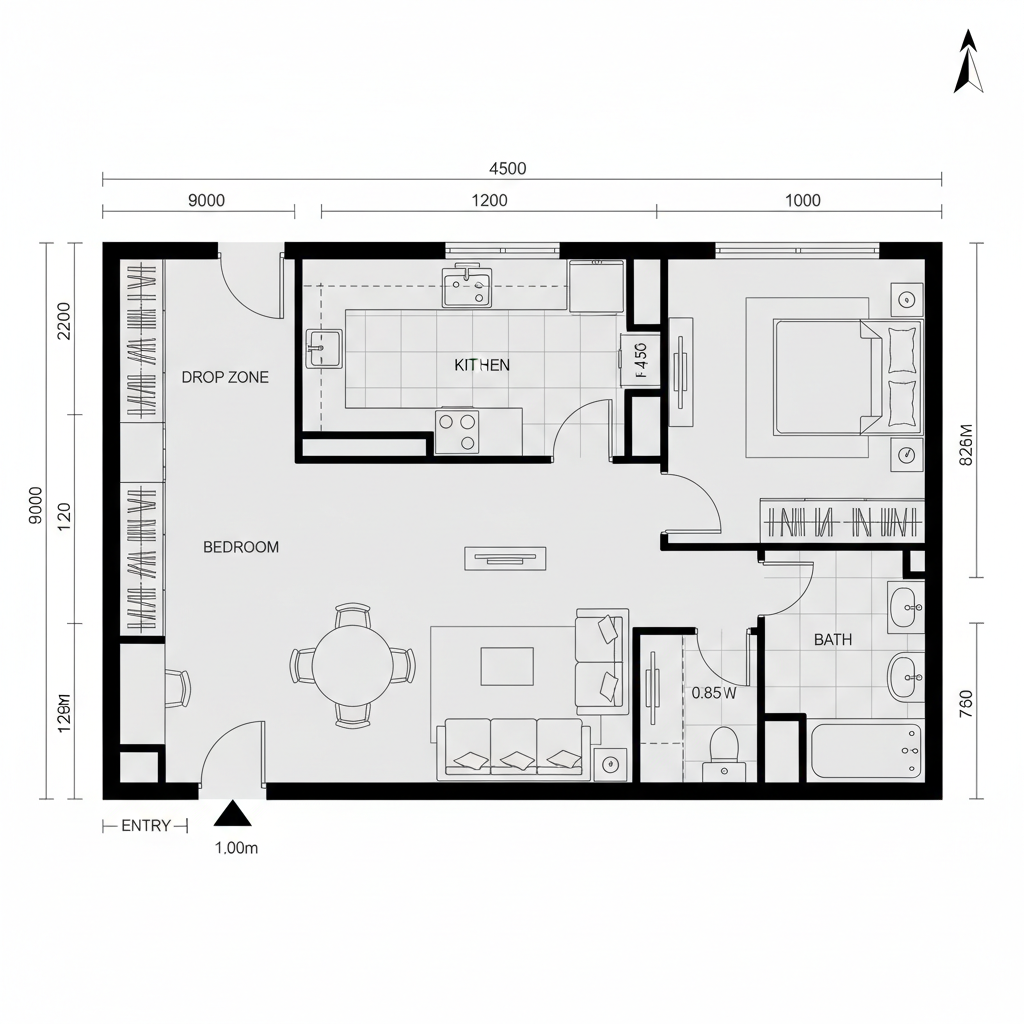 1 BHK Rectangle Apartment Floor Plan — Future-Focused Layouts