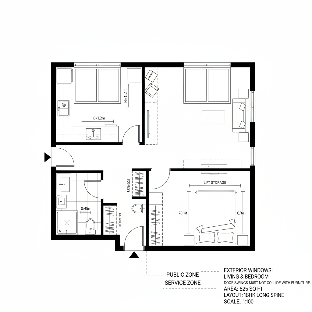 625 sq ft 1BHK Floor Plan: Future-Ready Layouts