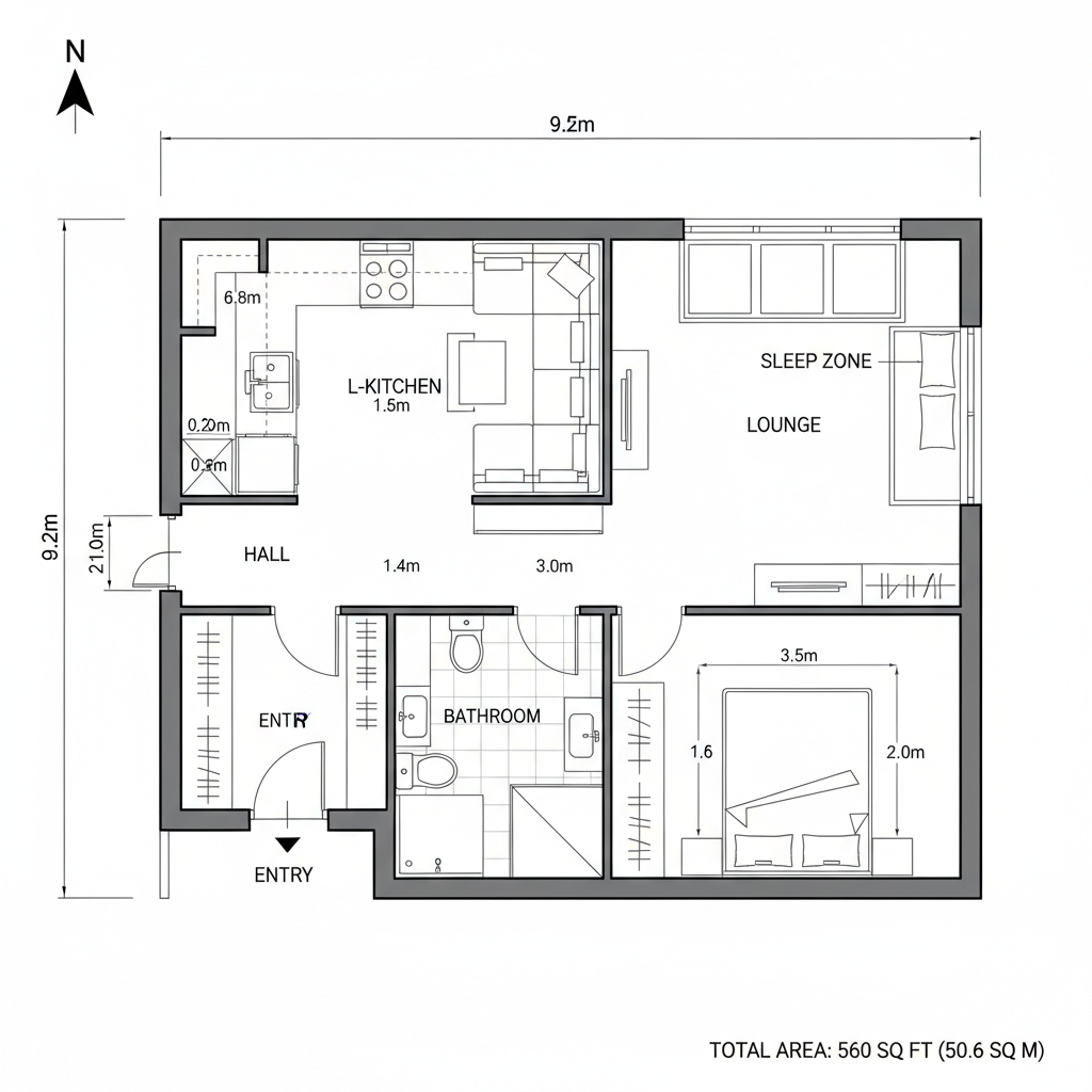 560 sq ft Floor Plan — Future-Ready Spatial Interface