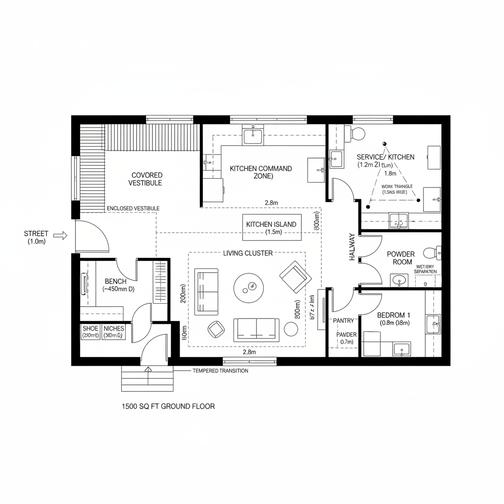 1500 sq ft House Plan with Open First-Floor Elevation