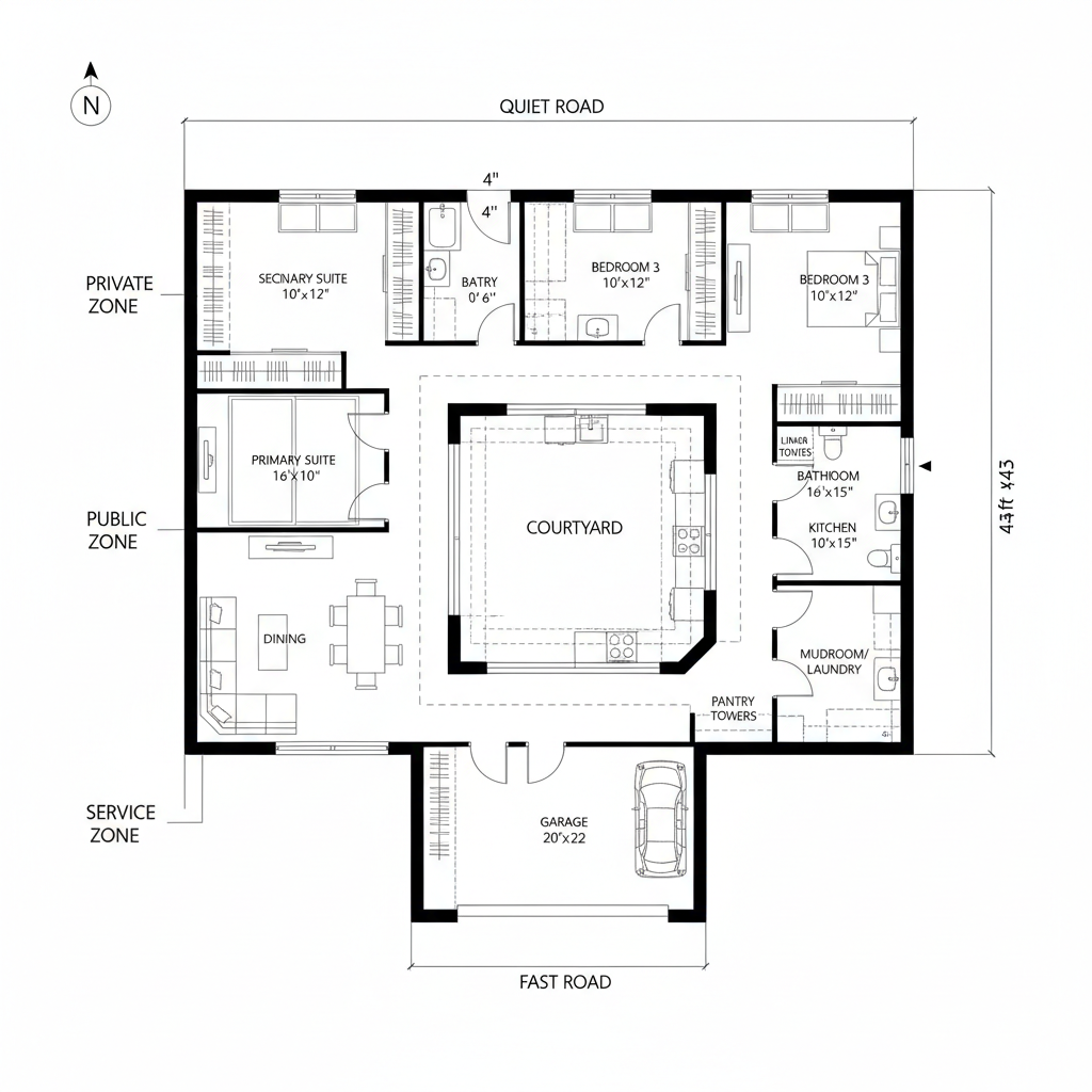 44x33 House Plan with Two Sided Roads: Fix Awkward Flow