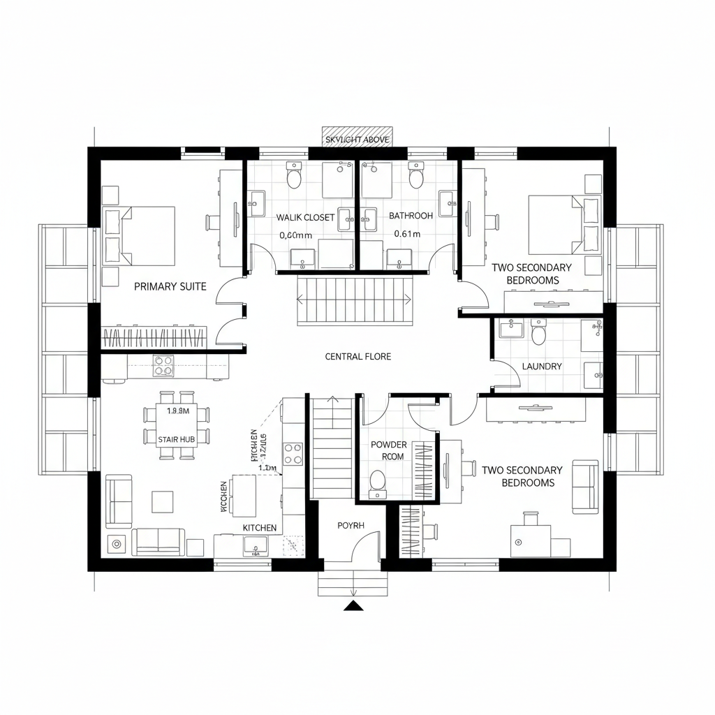 Two Story Layout for Square Plots That Fix Dark, Tight Rooms