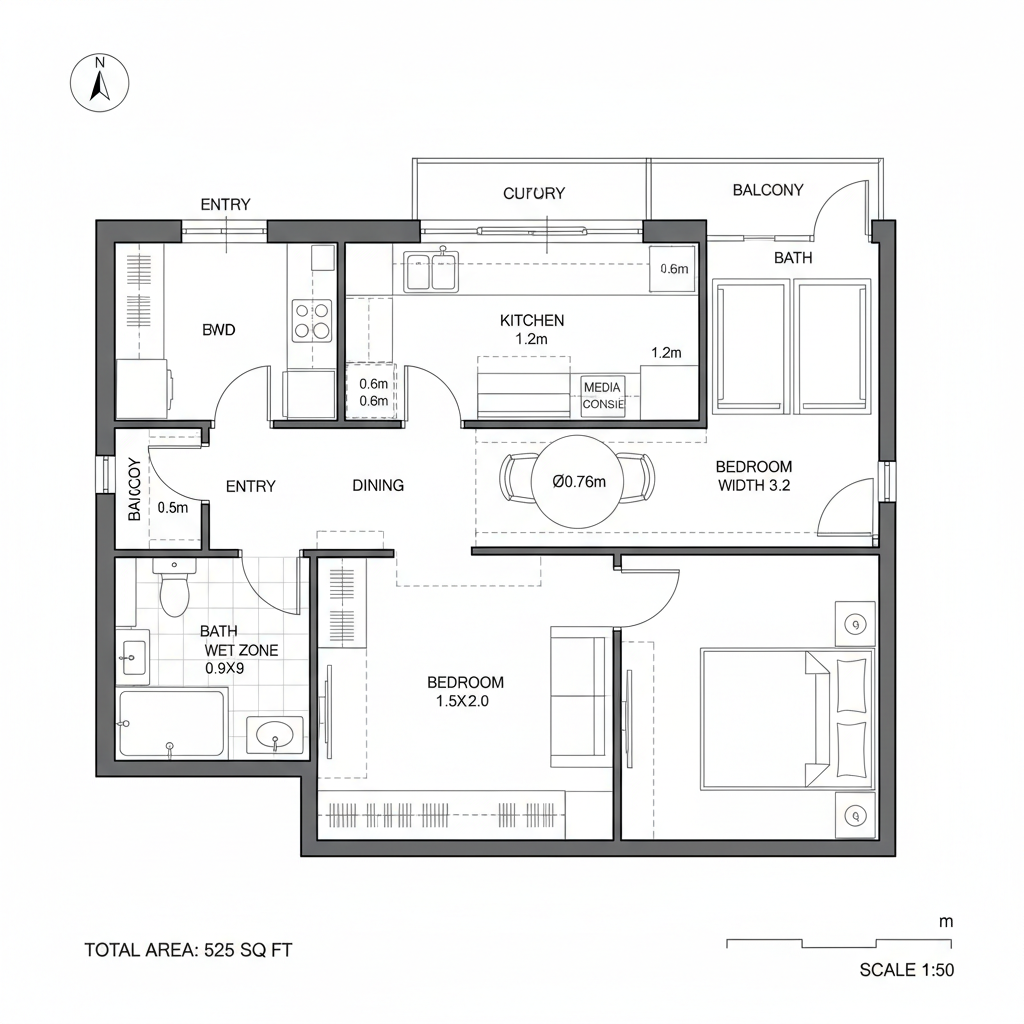525 sq ft Apartment Floor Plan—Future-Ready Layouts