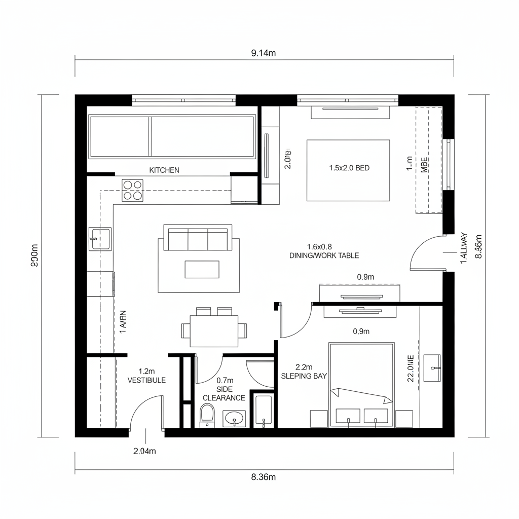 100 sq yd Floor Plans with Meter Dimensions—Studio, 1-Bed Loop, 2-Bed ...