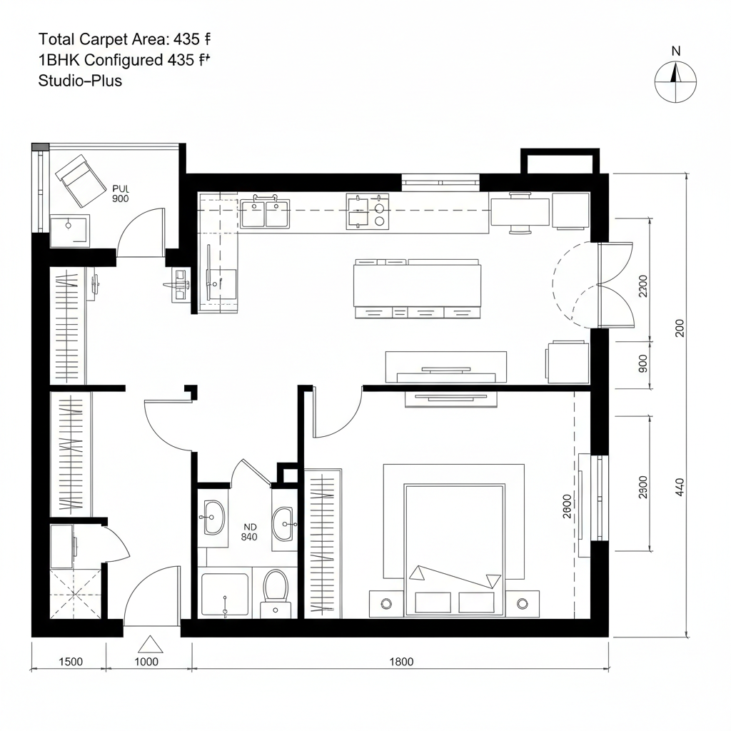 1 BHK 435 sqft Floor Plan — Future Interface for Compact Living
