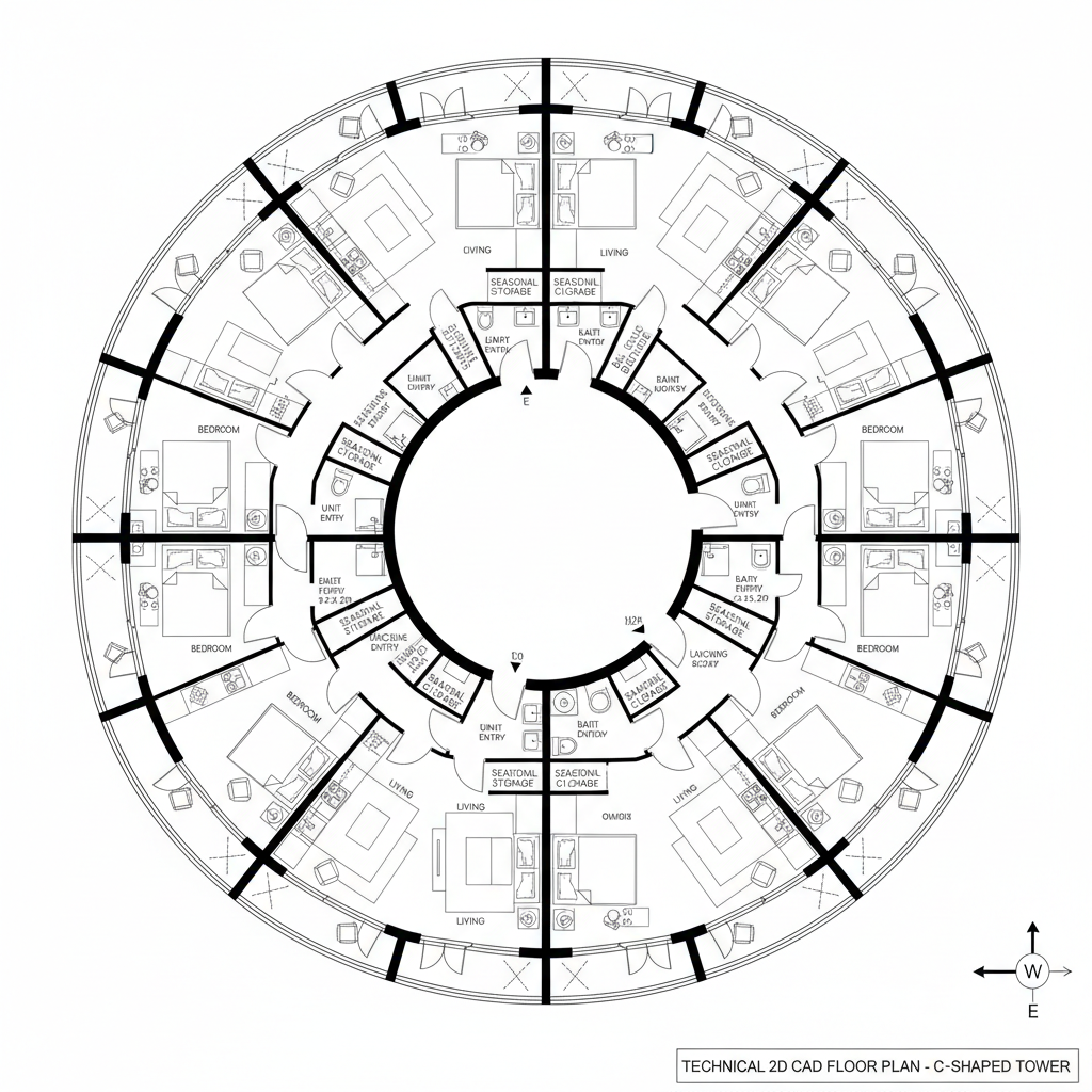 C-Shaped High-Rise Floor Plan with Two Staircases—Future-Ready Layouts