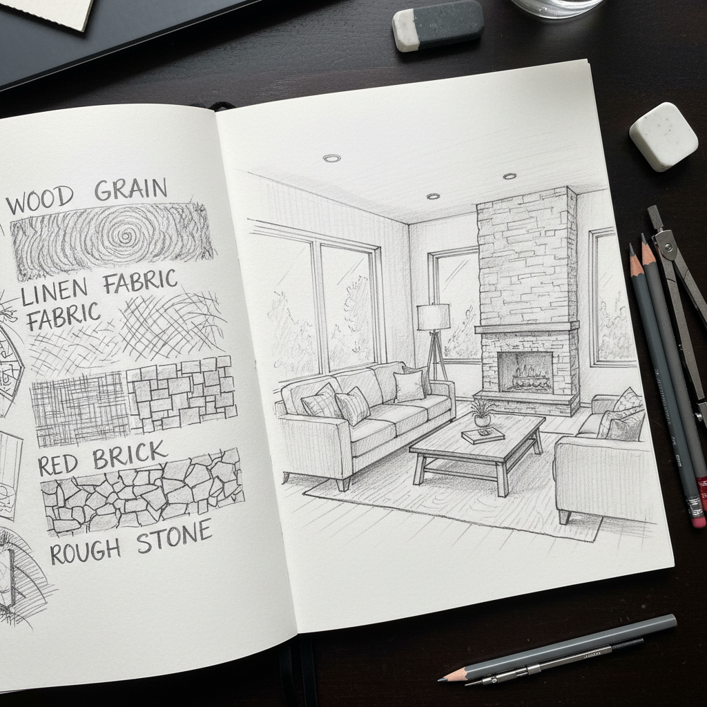 Texturas fáciles de diseño de interiores a lápiz