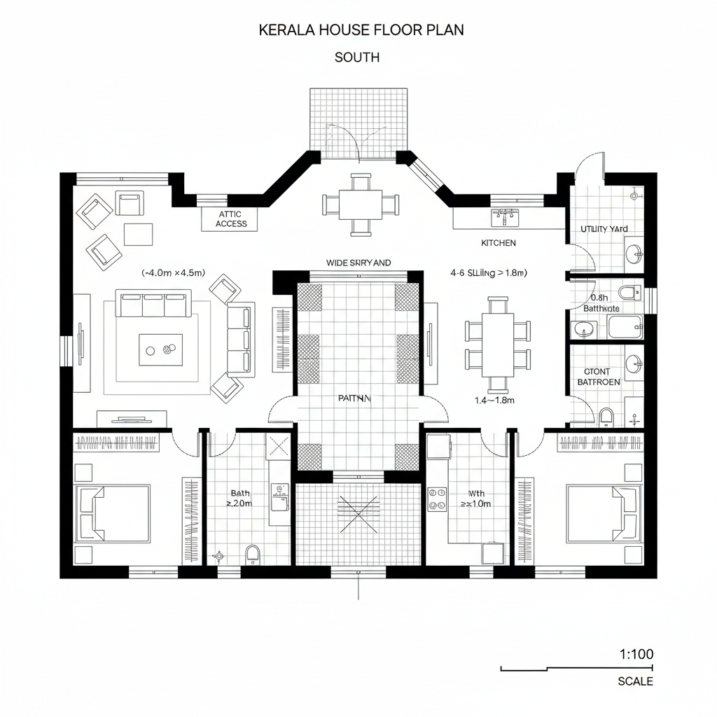 South-Facing Kerala Single-Floor Elevation & Plan — Future Interface